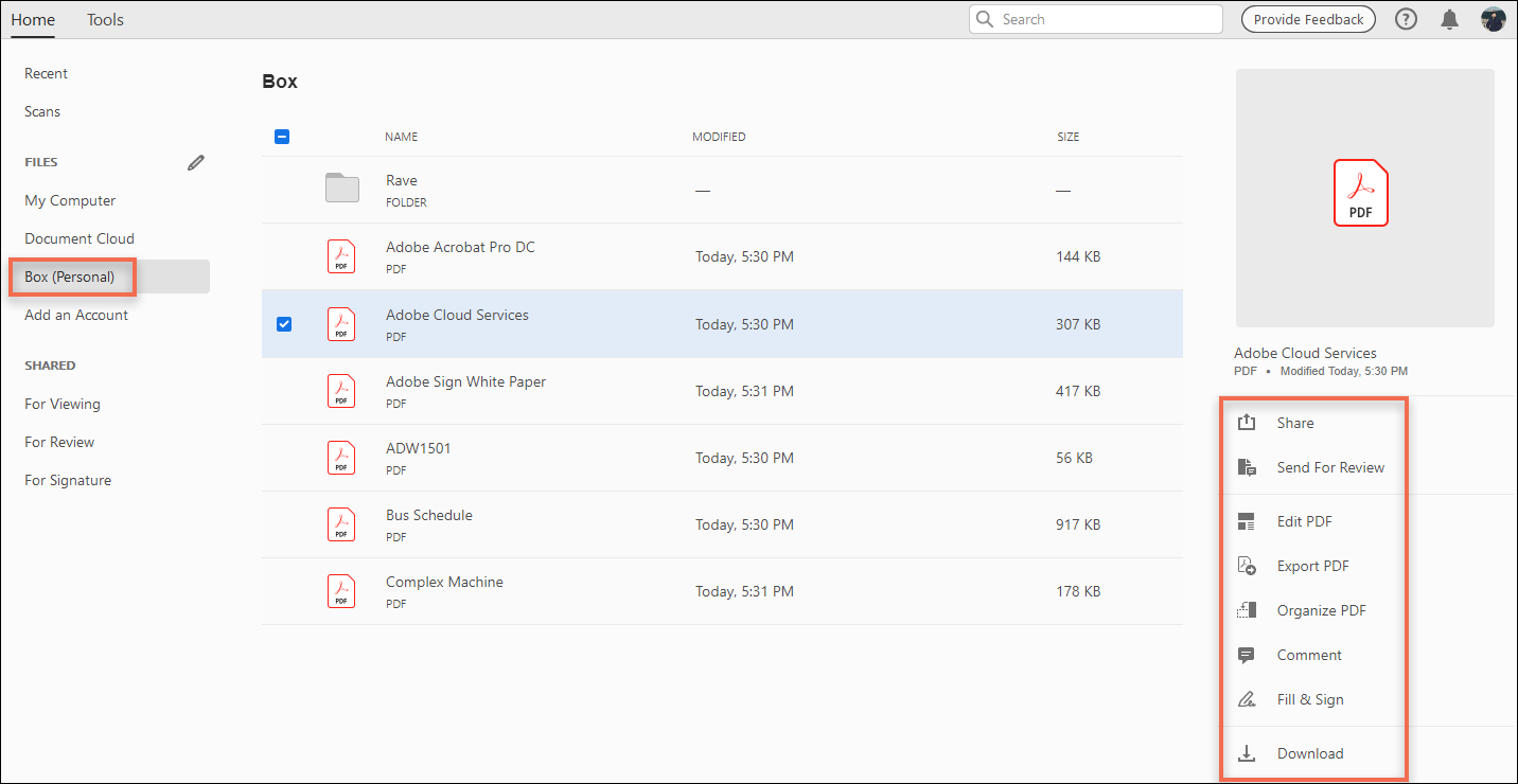 الوصول إلى ملفات Box الخاصة بك في Acrobat/Reader