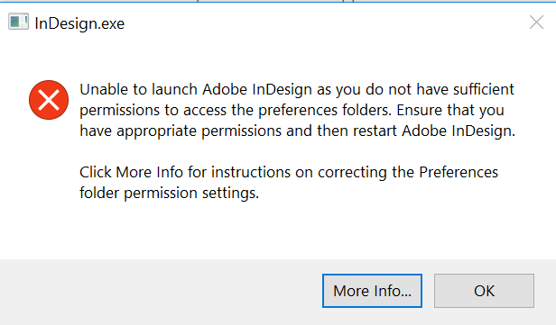 يتعذر تشغيل برنامج InDesign أو InDesign Server أو InCopy