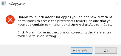 يتعذر تشغيل برنامج InDesign أو InDesign Server أو InCopy