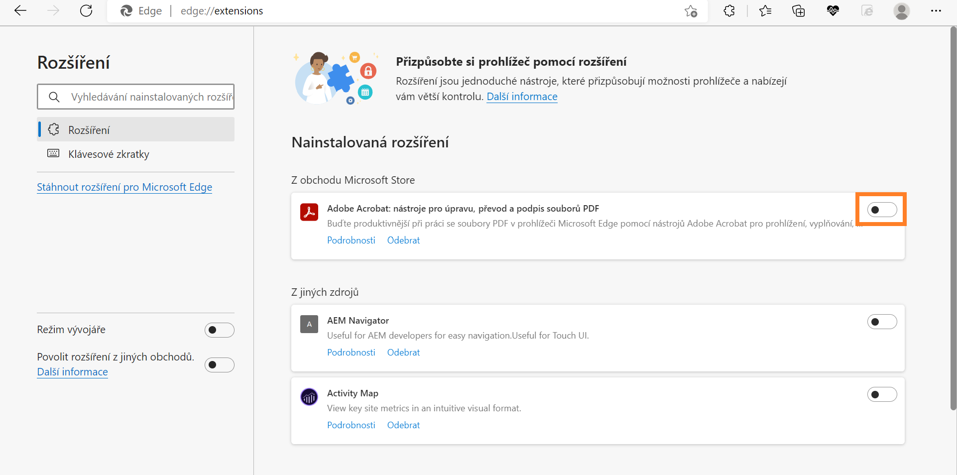 Povolení rozšíření Adobe Acrobat pro Microsoft Edge
