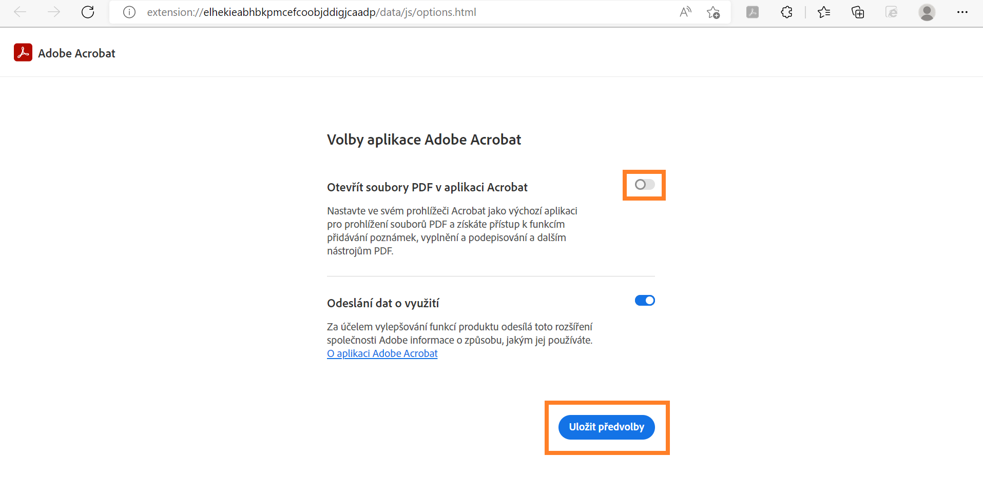 Povolení rozšíření Adobe Acrobat pro Microsoft Edge