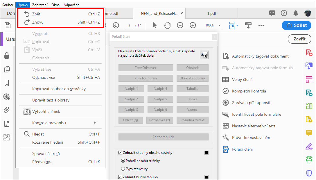 Nástroj Pořadí čtení pro dokumenty PDF (Adobe Acrobat Pro)
