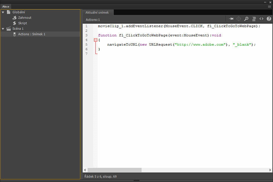 Používání jazyka ActionScript v aplikaci Animate