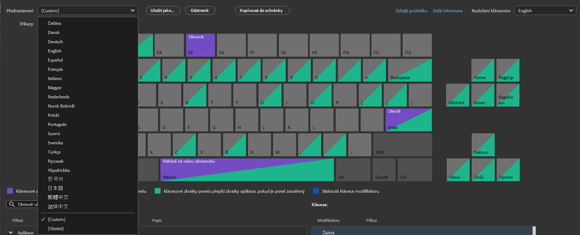 Panel klávesových zkratek v aplikaci Adobe Bridge