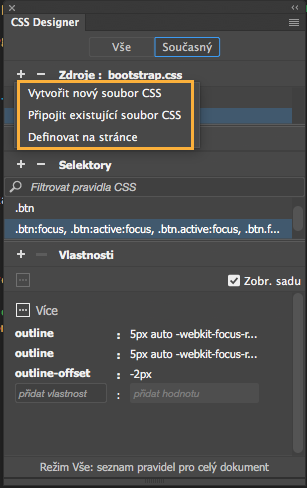 Postup použití panelu CSS Designer v aplikaci Dreamweaver