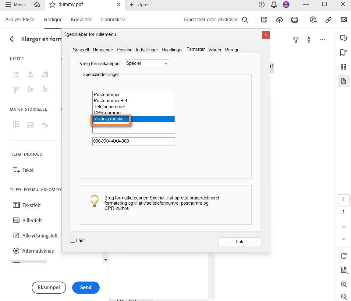 Egenskaber for PDF-formularfelter, Adobe Acrobat