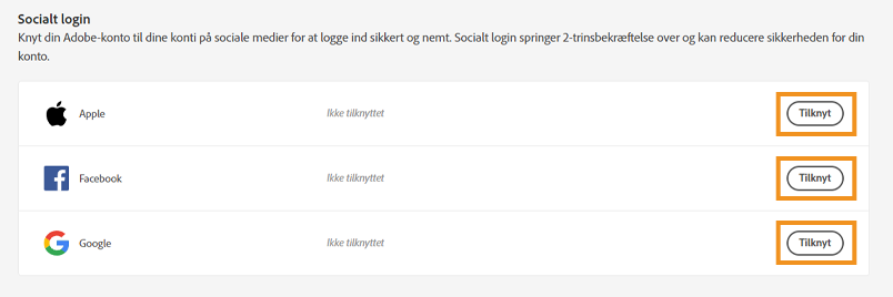 Knyt din sociale konto til din Adobe-konto