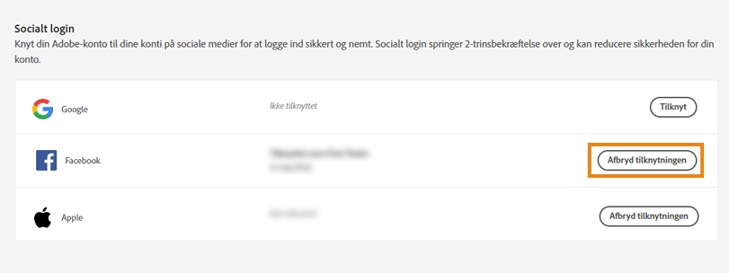 Knyt din sociale konto til din Adobe-konto