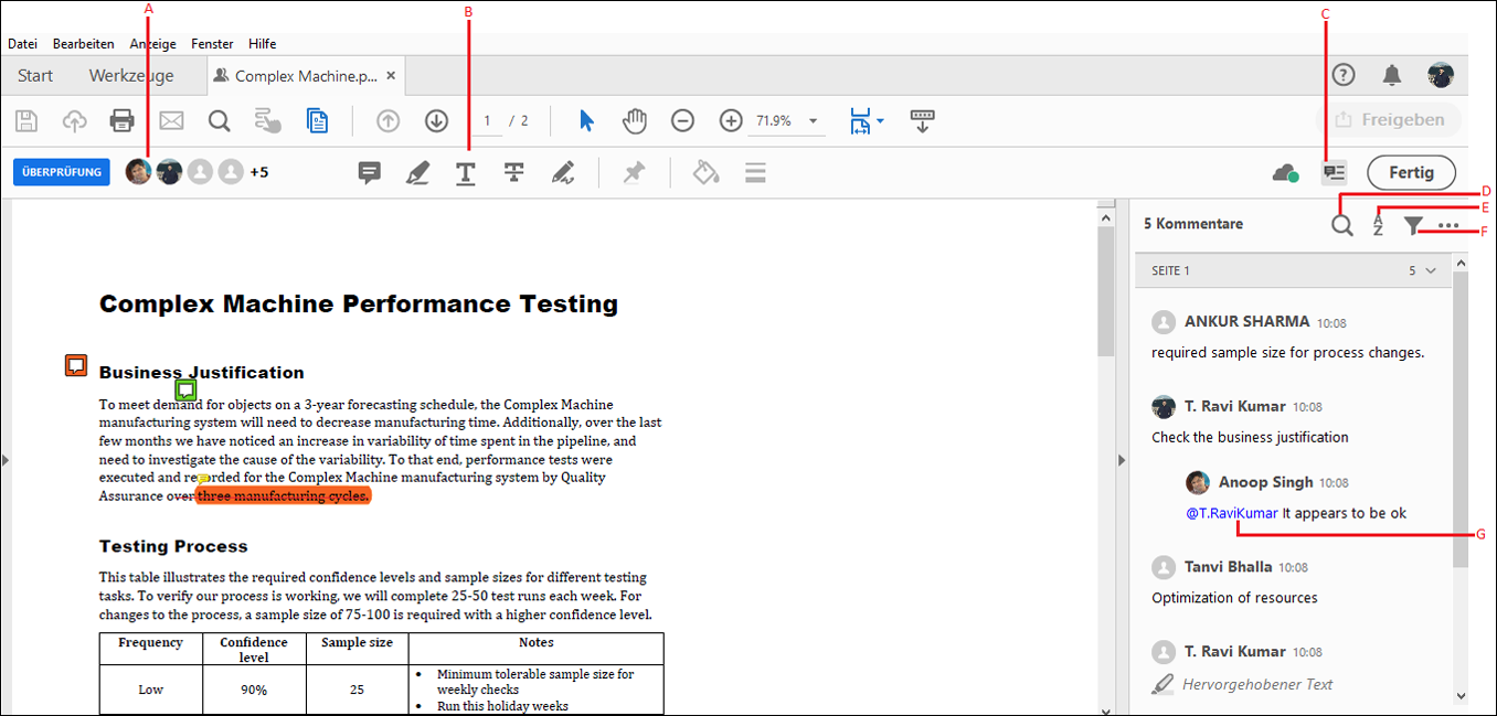 Teilnehmen an der Überprüfung einer PDF-Datei, Adobe Acrobat