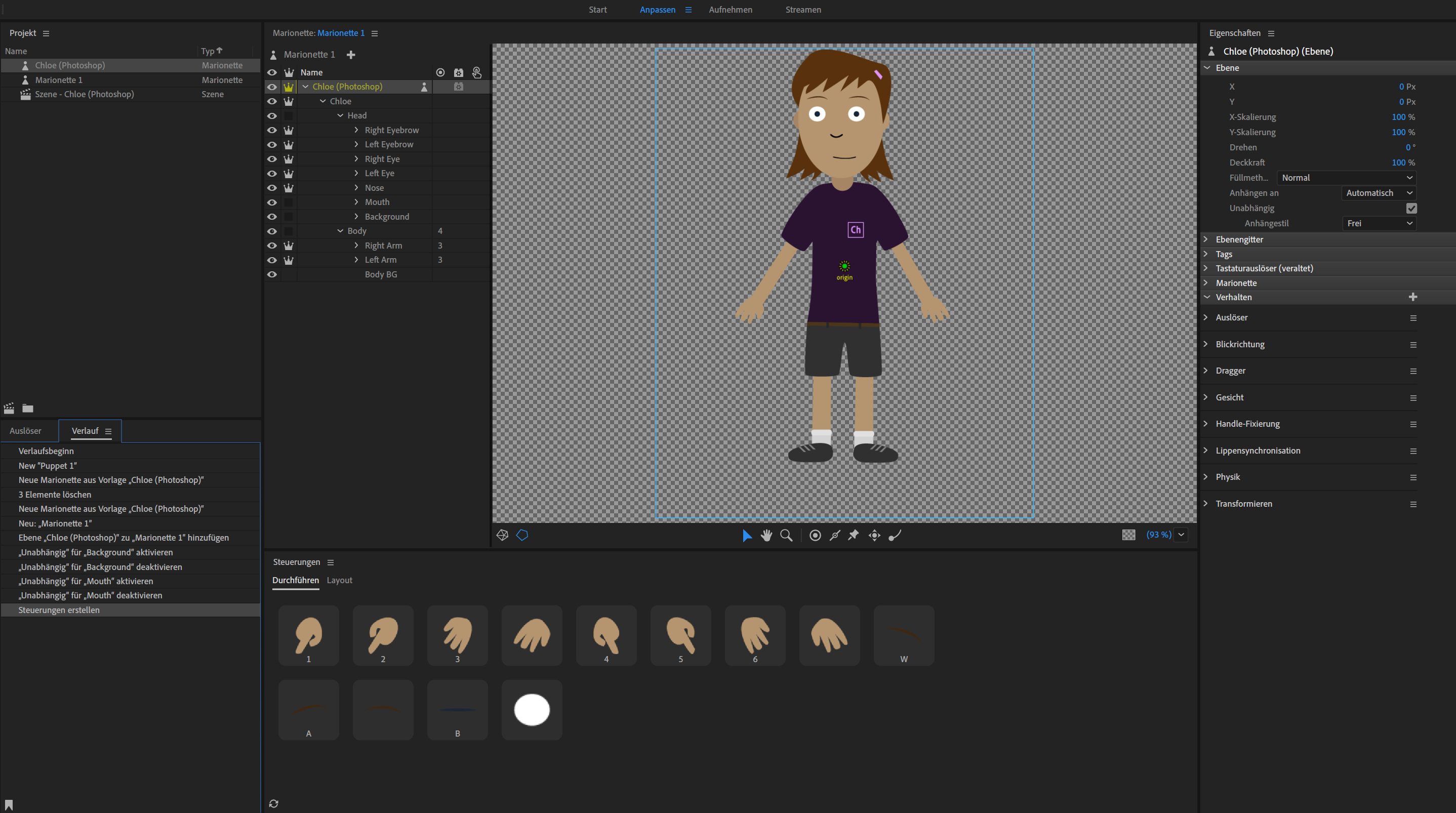 Arbeitsbereiche in Character Animator