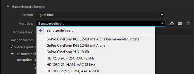 Verwenden des GoPro CineForm-Codecs in After Effects