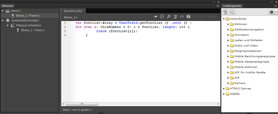 Authoring-Bedienfelder in Animate