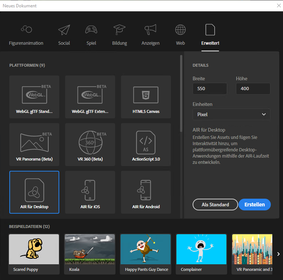 Veröffentlichen für Adobe AIR für Desktop in Animate