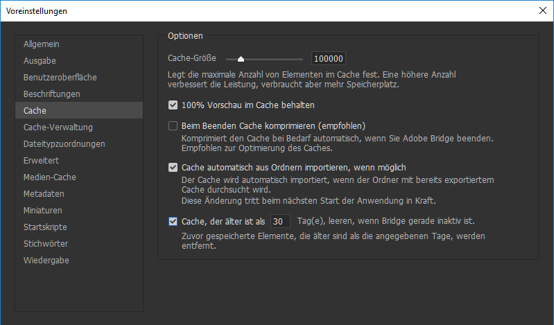 Arbeiten mit Adobe Bridge-Cache