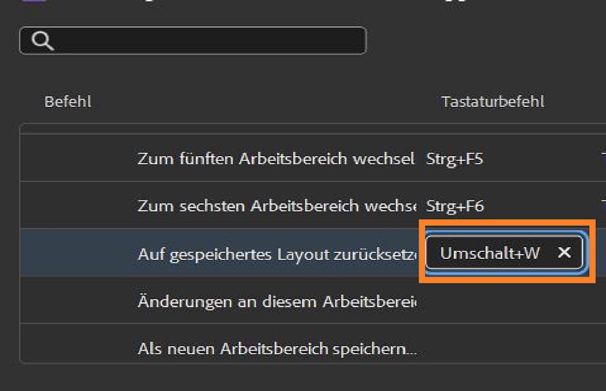 Tastaturbefehl-Bedienfeld in Adobe Bridge