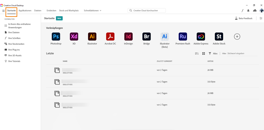 Startbildschirm des Creative Cloud-Clients