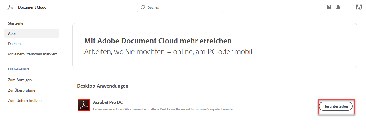 Herunterladen und Installieren von Acrobat DC-Abos