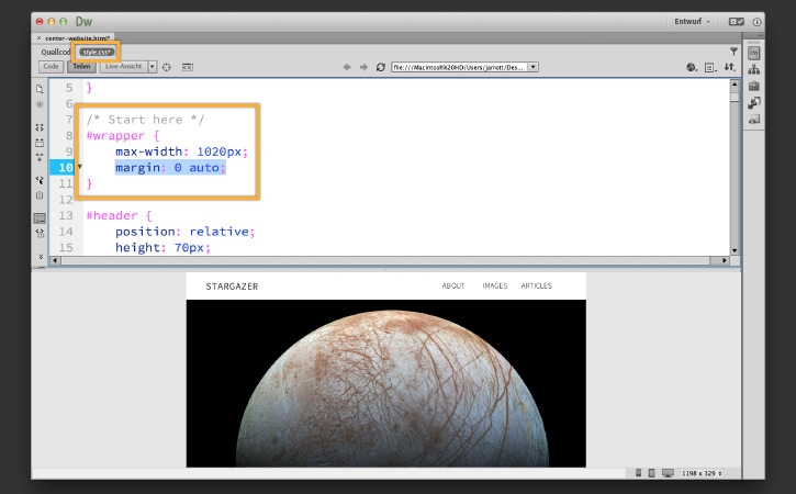 Website-Inhalte in Dreamweaver mithilfe von HTML und CSS zentriert ...