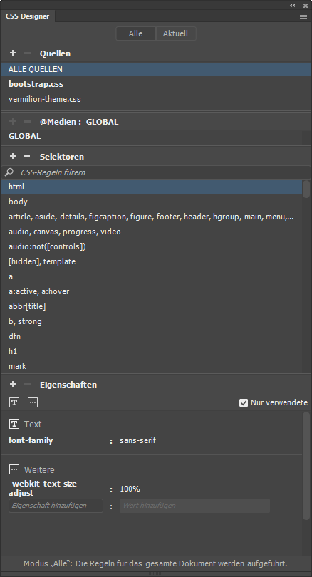 Bedienfeld „CSS Designer“ in Dreamweaver verwenden