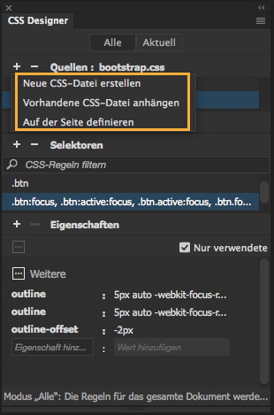 Bedienfeld „CSS Designer“ in Dreamweaver verwenden