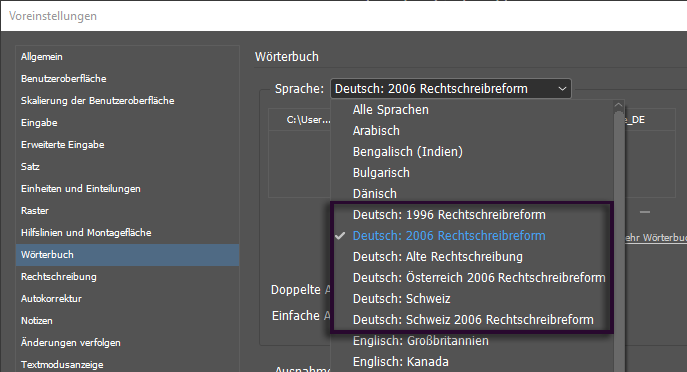 Rechtschreibprüfung und Wörterbücher in InDesign