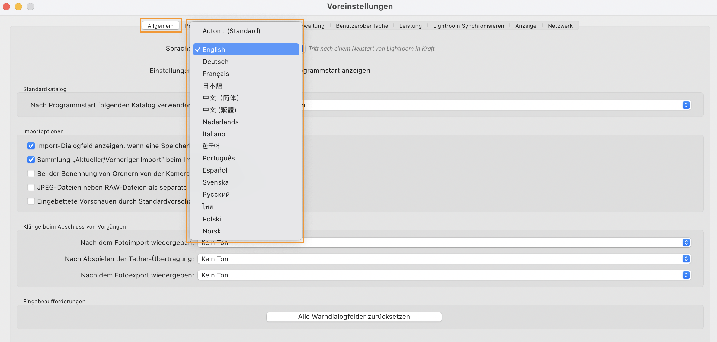 Lightroom Classic wird in der Sprache des Betriebssystems installiert
