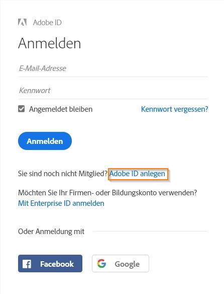 Erstellen oder Aktualisieren der Adobe ID