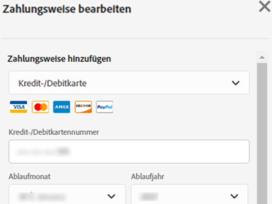 Kreditkarteninformationen für Ihr Adobe ID-Konto ändern oder aktualisieren