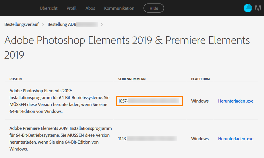 Suchen Sie nach der Seriennummer für Adobe Photoshop Elements