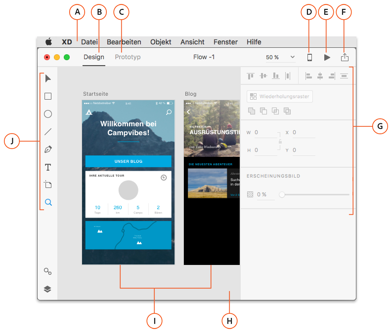 Die Benutzeroberfläche für das Design und die Prototyperstellung in Adobe XD