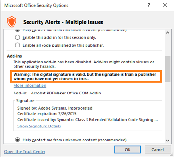Signature from a non-trusted publisher