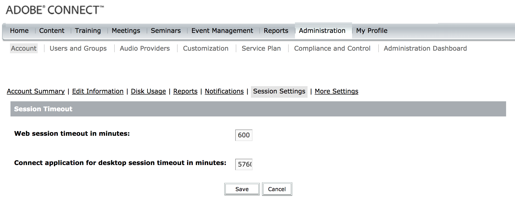 Change the timeout period of an Adobe Connect session