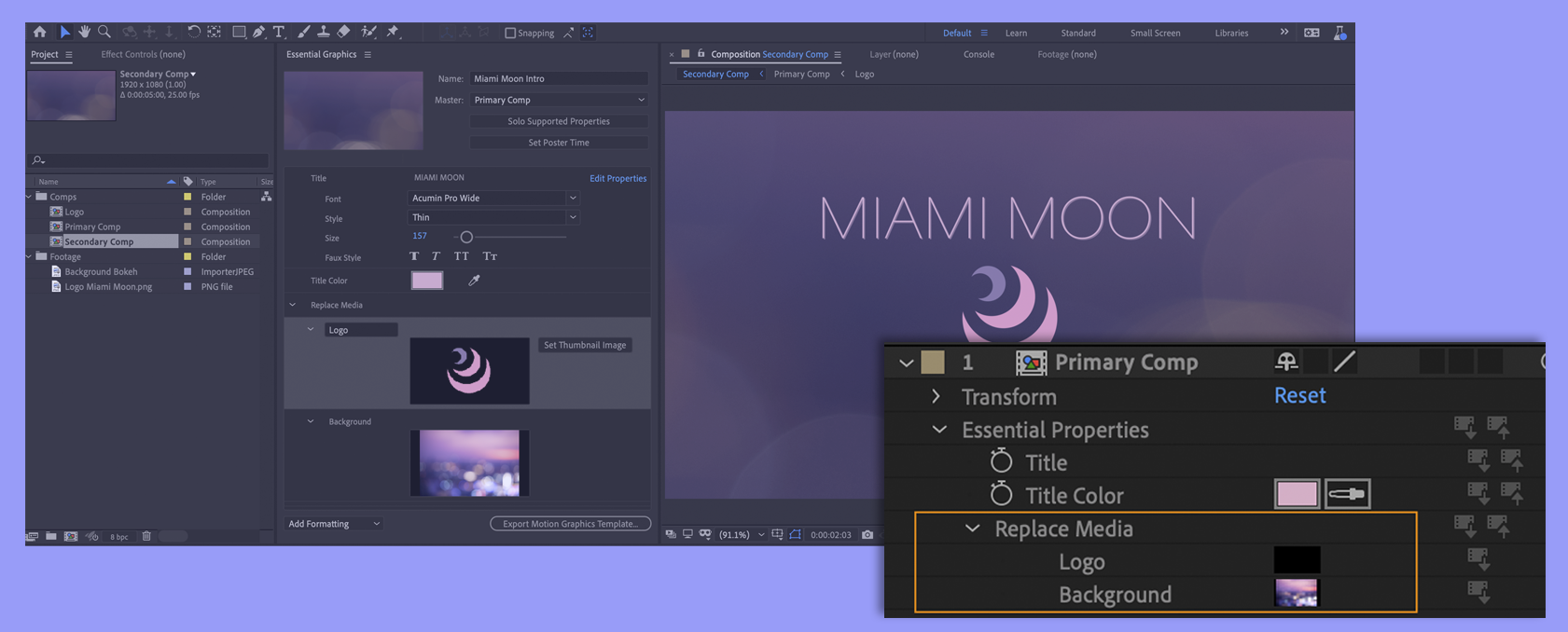 Create a Motion Graphics template with replaceable media.