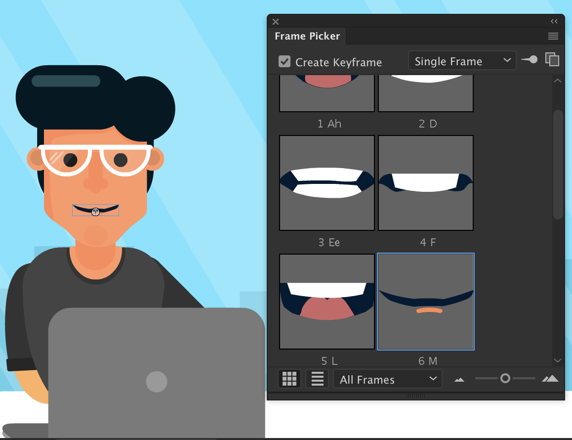 Using symbol instances, frame picker, auto Lip sync in Animate