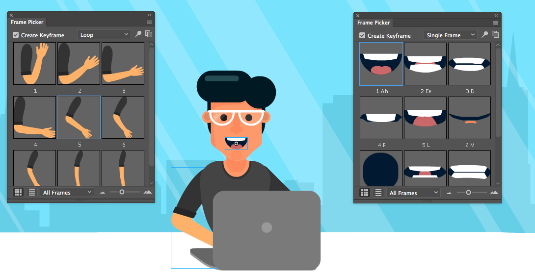 Using symbol instances, frame picker, auto Lip sync in Animate