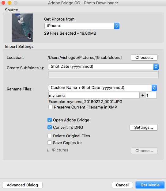 Download photos from your camera device using Adobe Bridge Photo Downloader