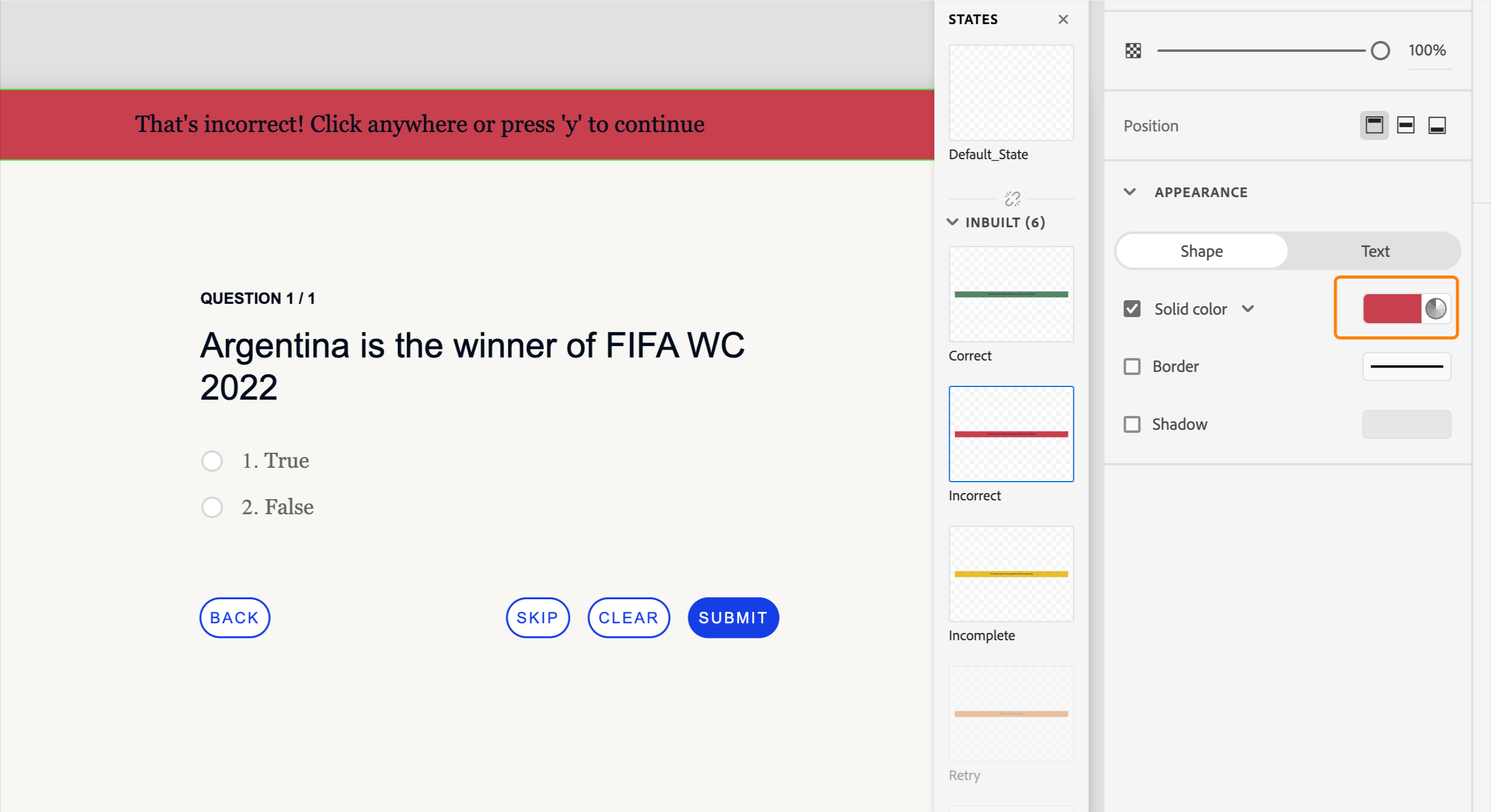 Create a True or False question silde