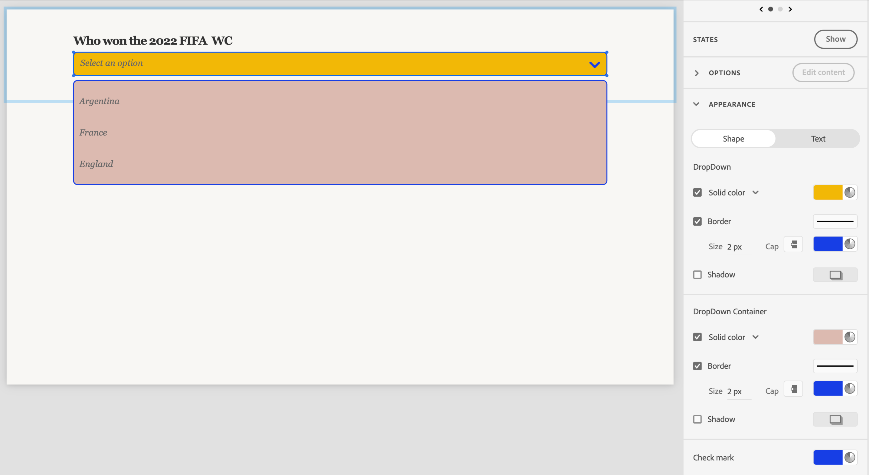 Add a dropdown component to an Adobe Captivate project