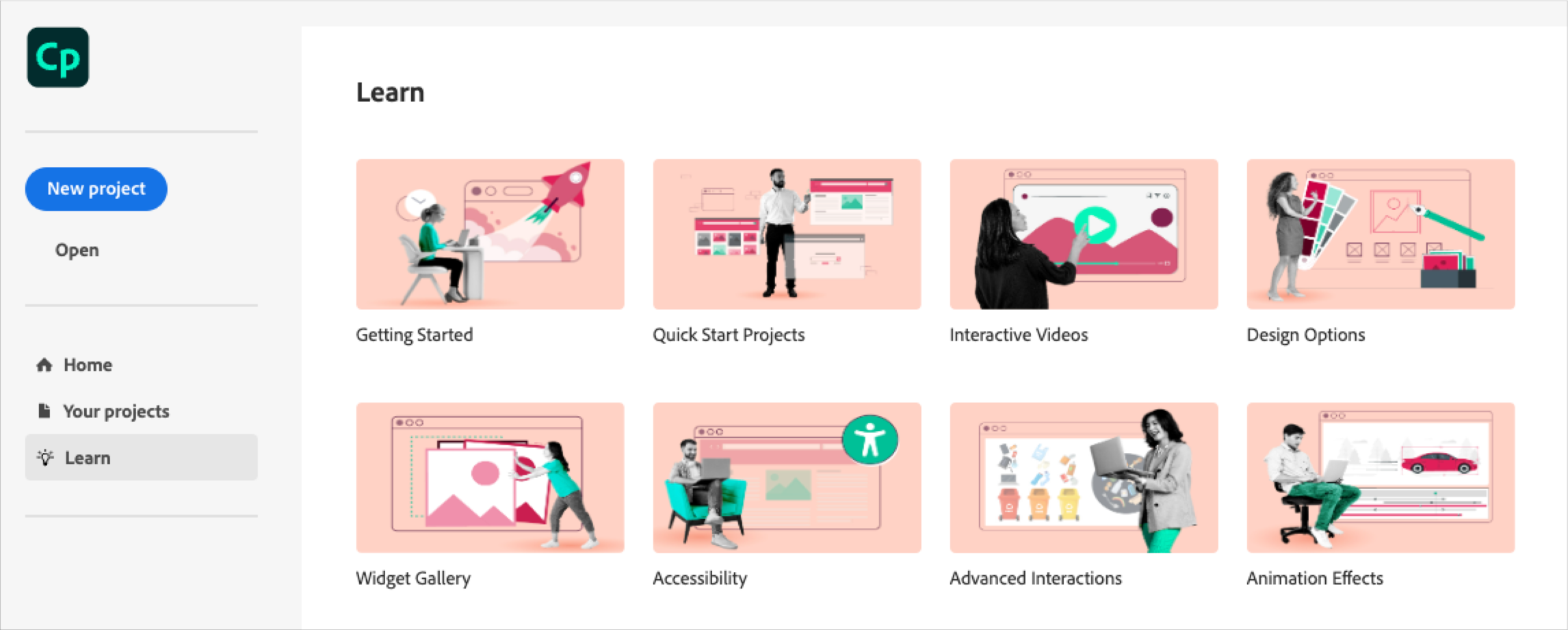 Get started with the Home screen in Adobe Captivate
