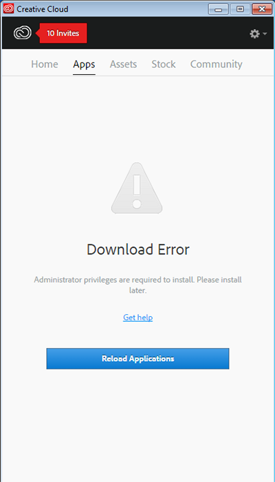 Apps panel displays download error