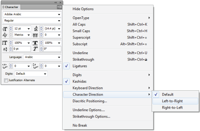 Arabic and Hebrew features in InDesign