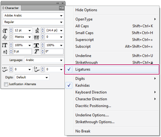 Arabic and Hebrew features in InDesign