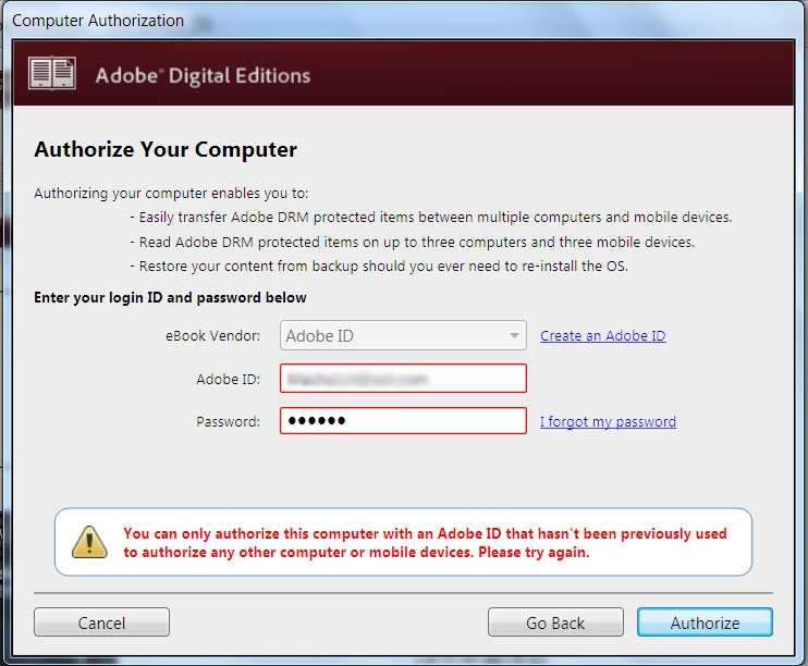 Can't authorize with a previously used Adobe ID