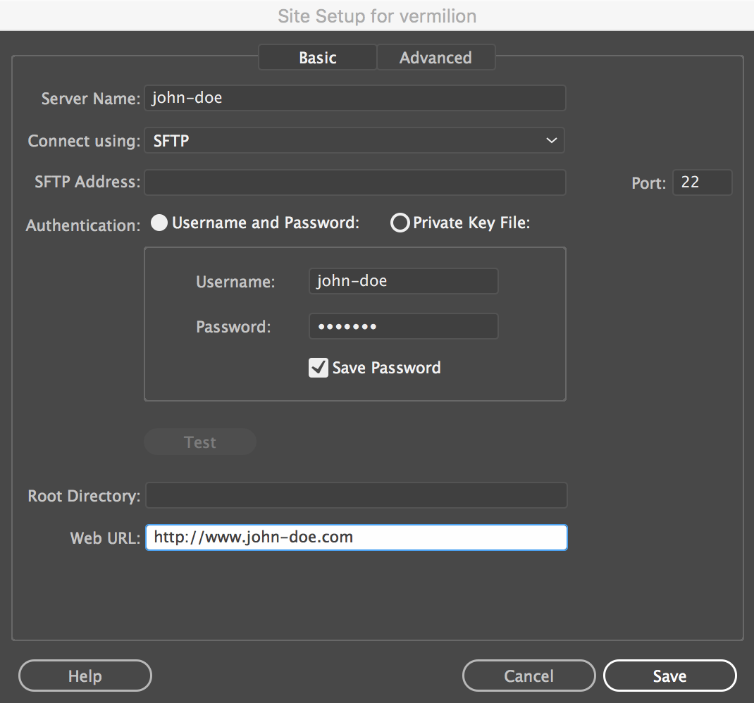 How to set up connection between Dreamweaver and the publishing server