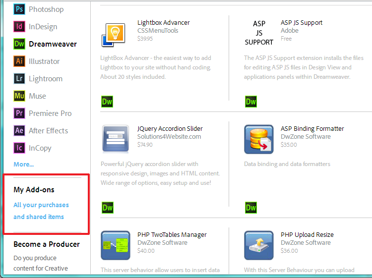 Installing and using extensions to Dreamweaver