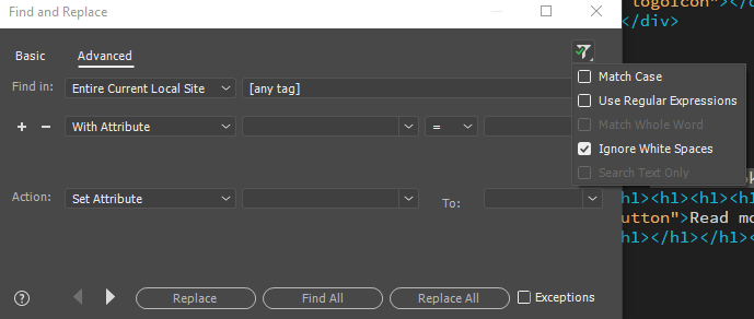 Find and replace text, tags, and attributes