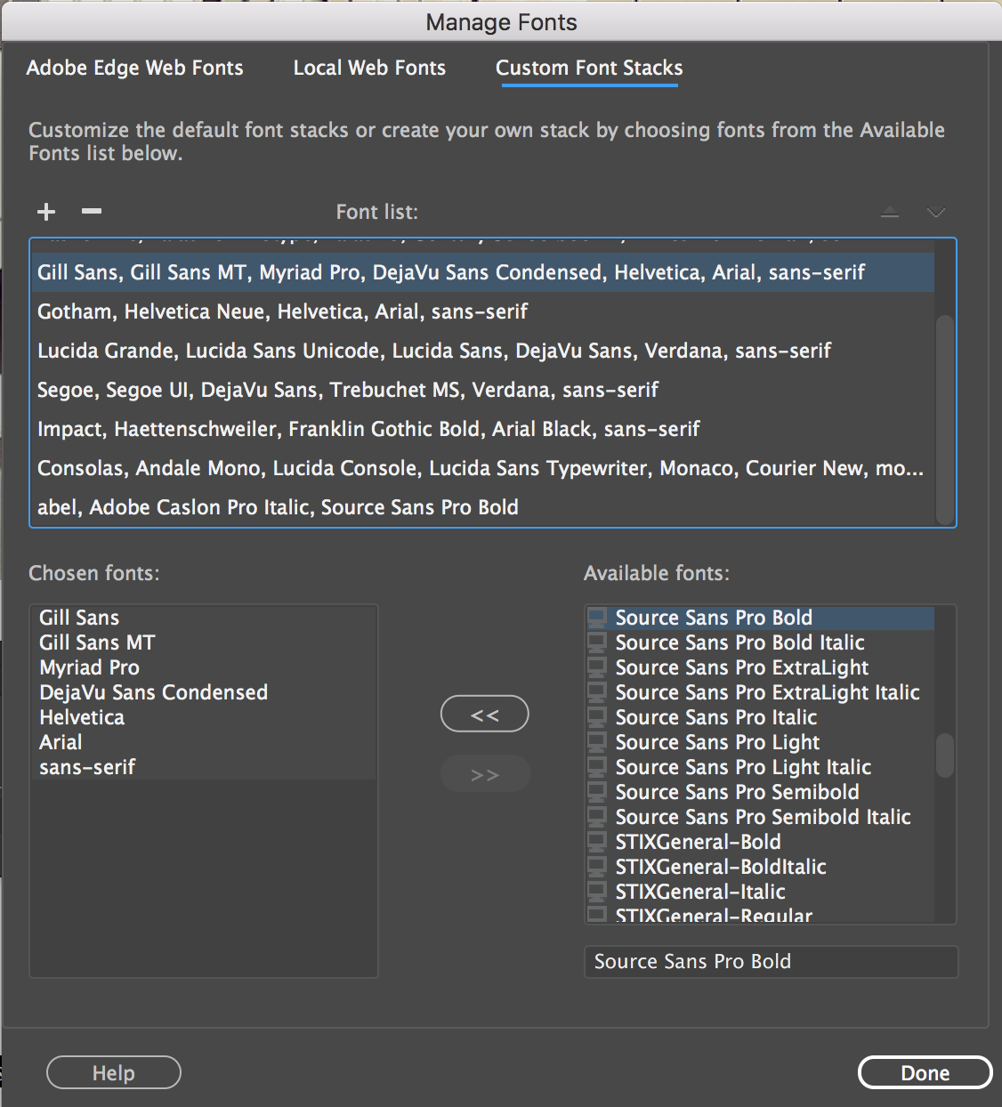 Add and modify font combinations in Dreamweaver