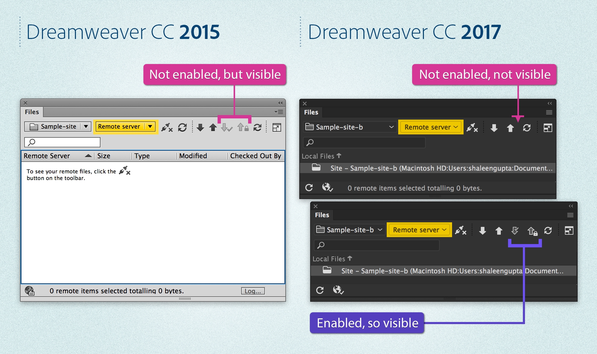 Learn about all the changes in the Files panel in Dreamweaver 2017.