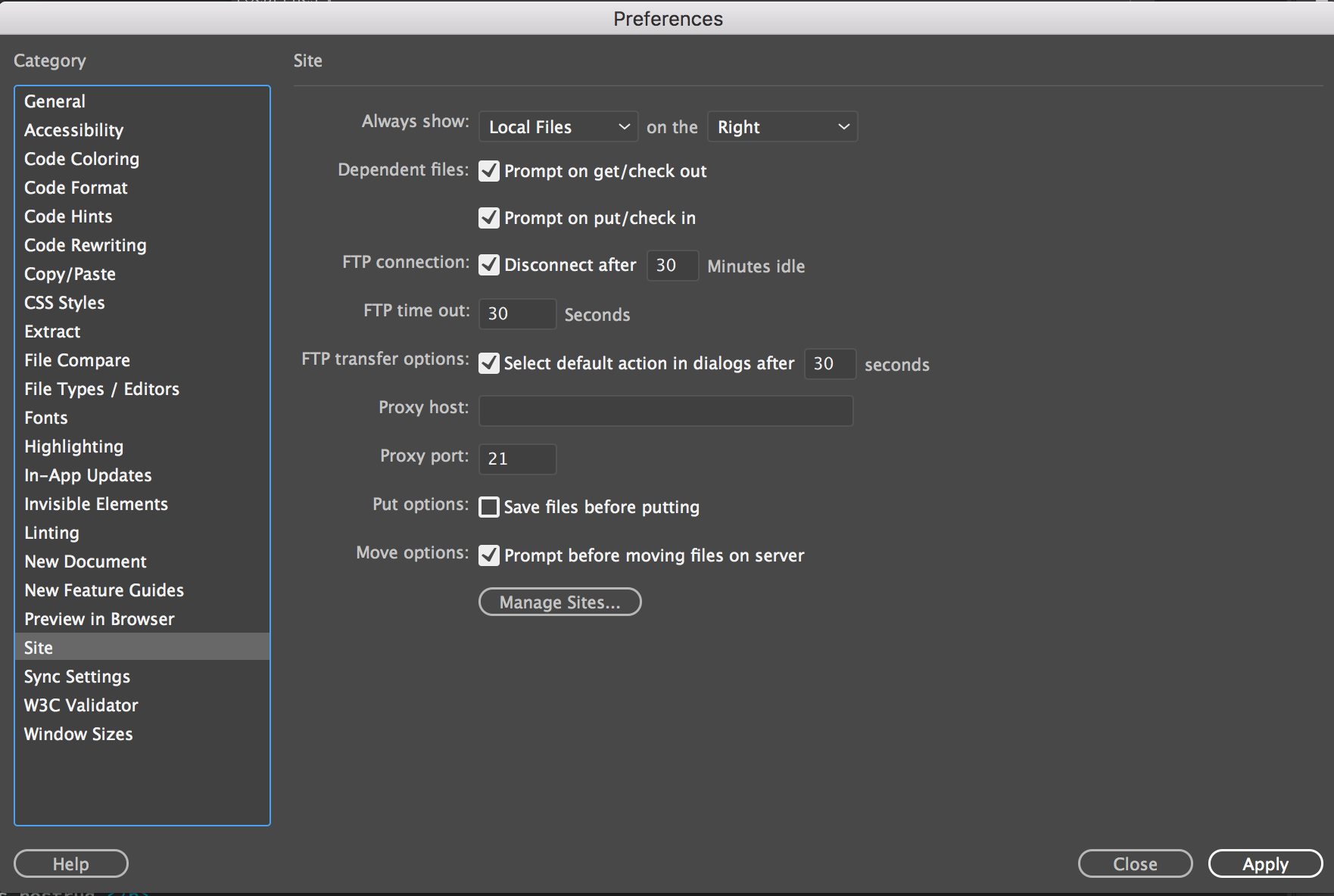 Set site preferences for transferring files in Adobe Dreamweaver