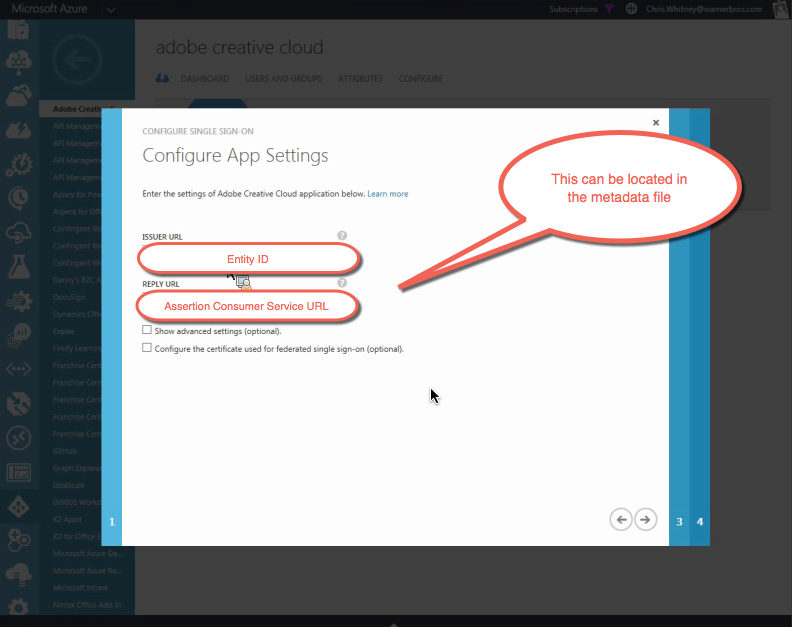 Adobe SSO와 함께 사용하기 위한 Microsoft Azure 구성